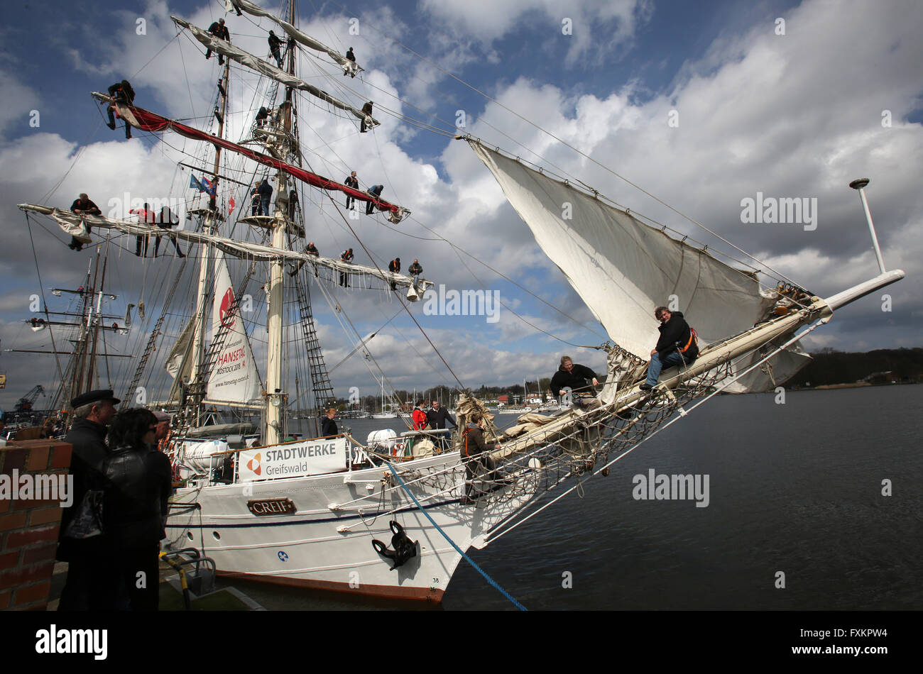 The sail training ship 'Greif' getting rigged at the city harbour of ...
