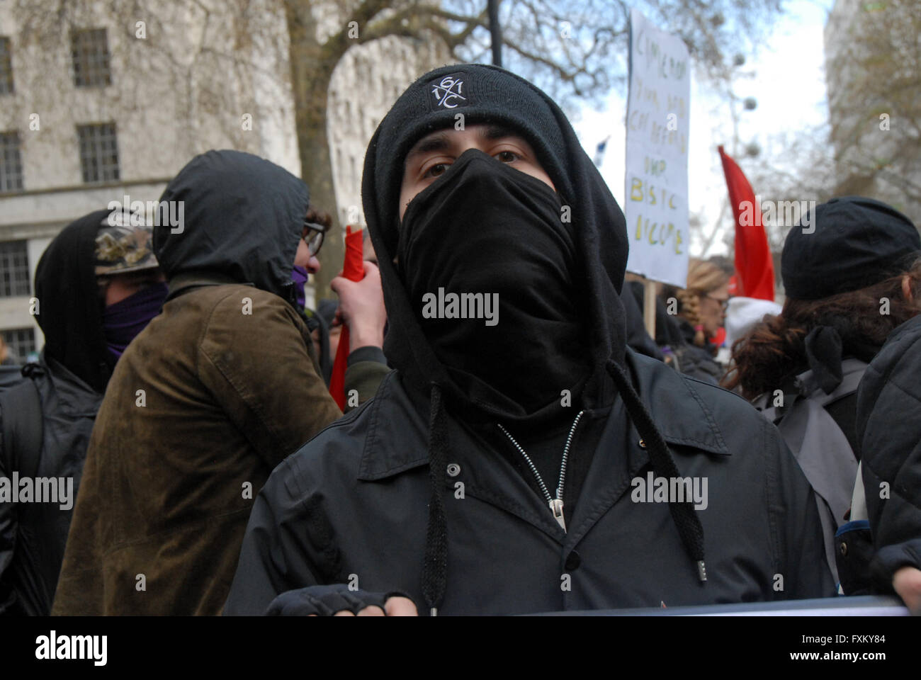London UK 16 April 2016 Anarchist with face masked. Protesters outside ...