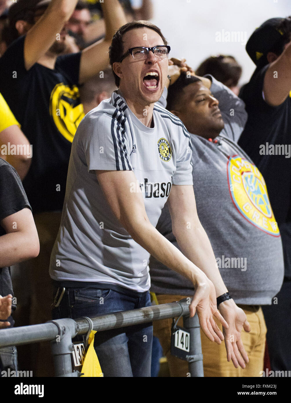 Columbus, Ohio USA. 16th April, 2016. A Columbus Crew SC fan celebrates ...