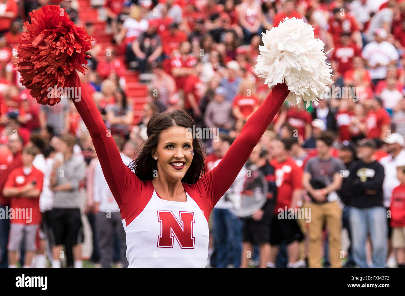 Lincoln, NE. USA. 16th Apr, 2016. Nebraska Cornhuskers cheerleader in ...