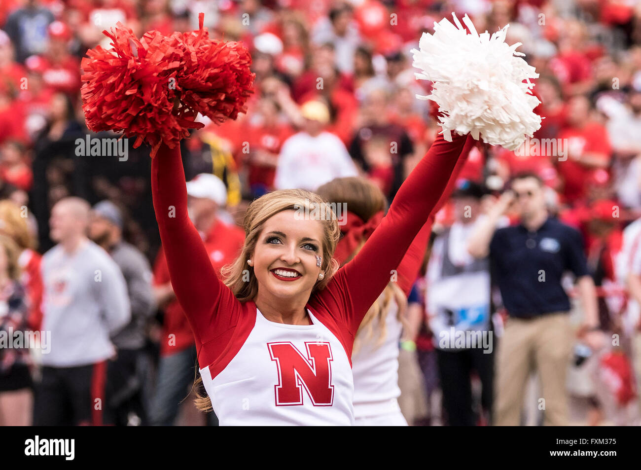 Lincoln, NE. USA. 16th Apr, 2016. Nebraska Cornhuskers cheerleader in ...