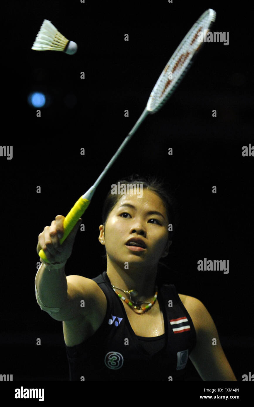 Singapore. 17th Apr, 2016. Thailand's Ratchanok Intanon competes during ...