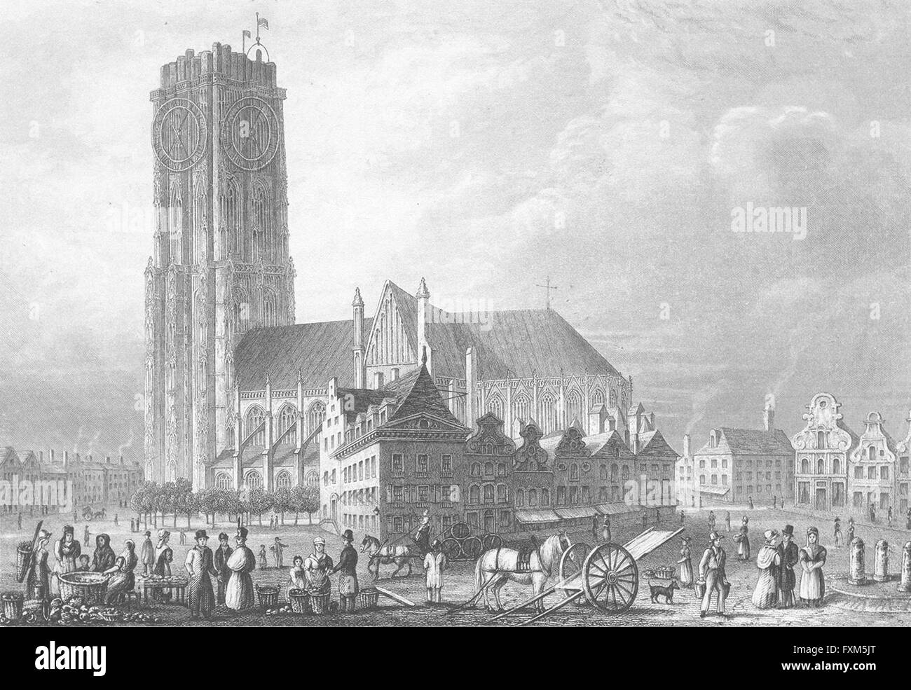 BELGIUM: Cathedral Mechelen Malines: Shury, antique print 1840 Stock ...