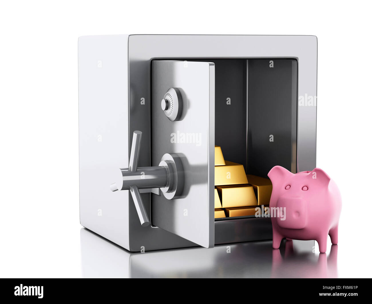 3d illustration. safe box with gold and pig money box. Security concept ...
