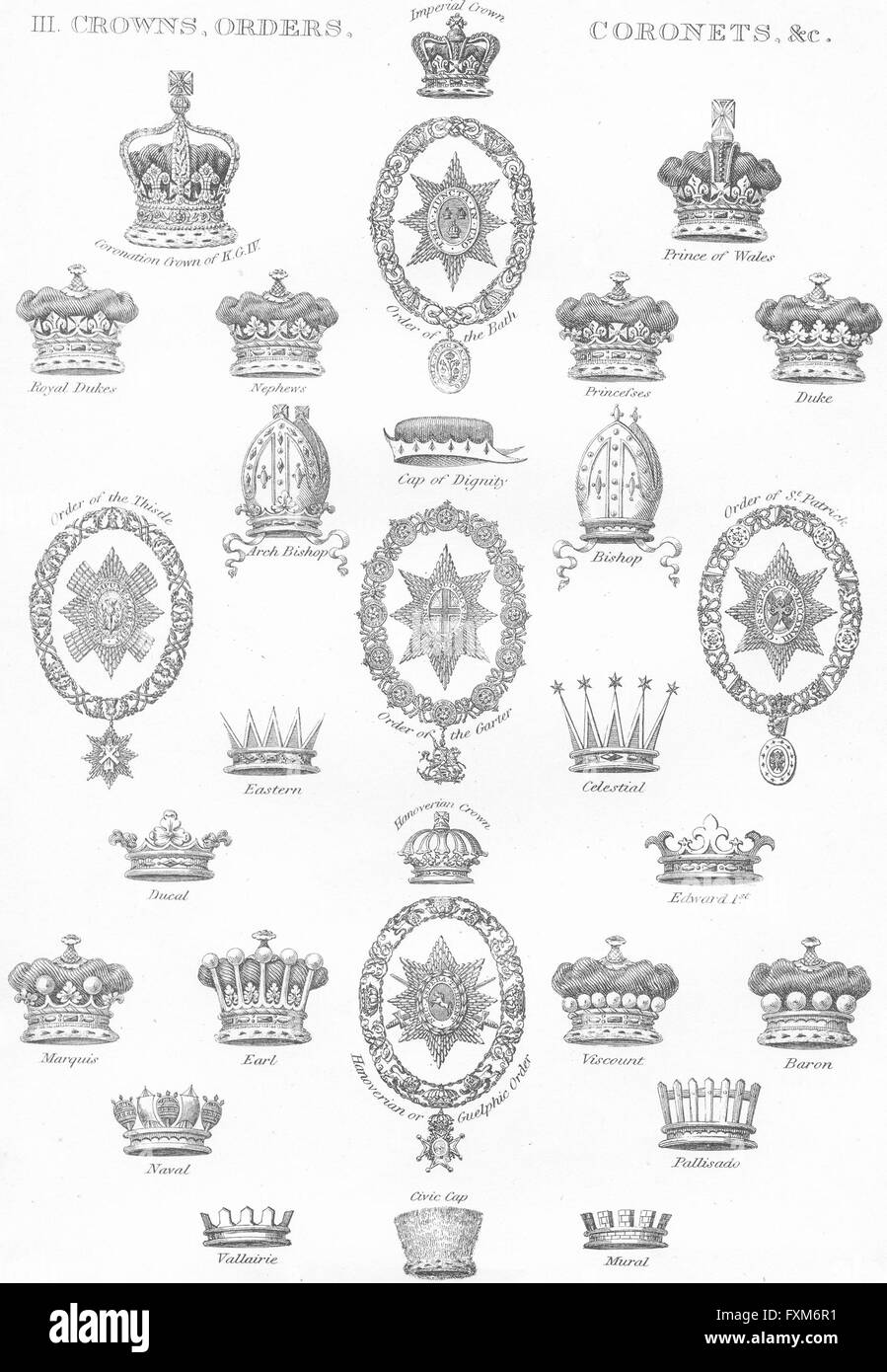 PEERS: Heraldry III Crowns, orders, coronets, antique print c1849 Stock Photo - Alamy