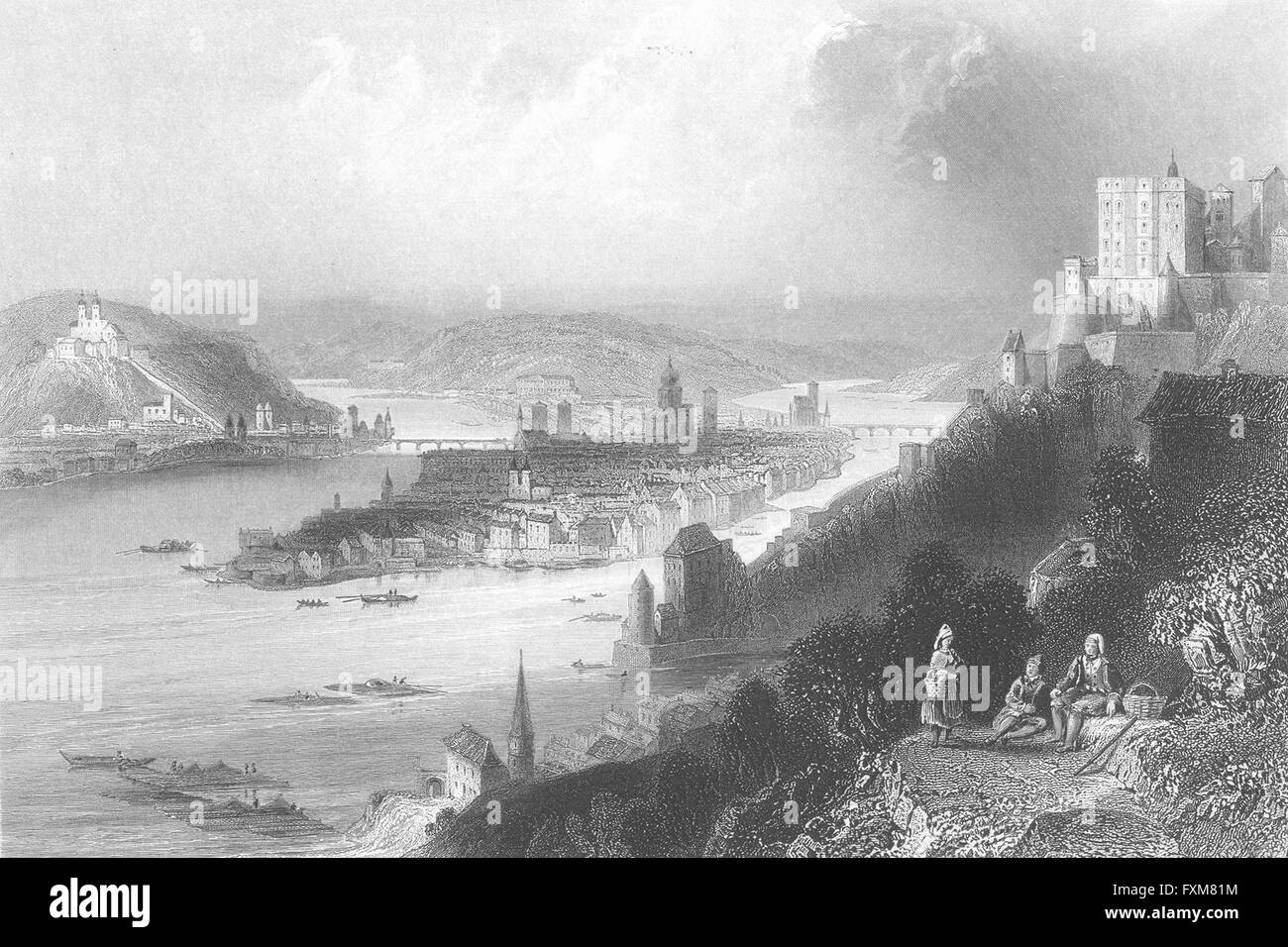 PASSAU: Junction of river Inn Danube: Bartlett, antique print 1840 ...