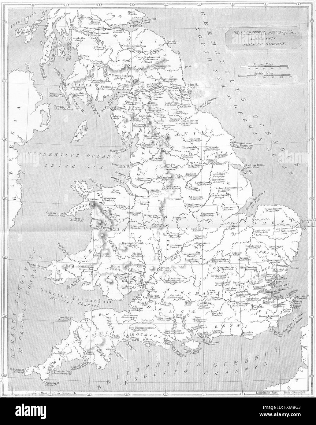 UK: Roman Britain Britannia town names; Horsley, c1850 antique map ...