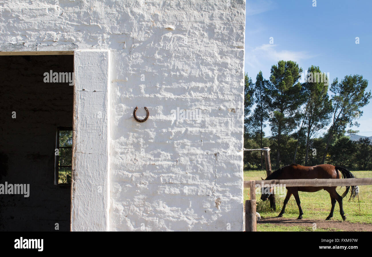Horse stable entrance with horse in background Stock Photo - Alamy