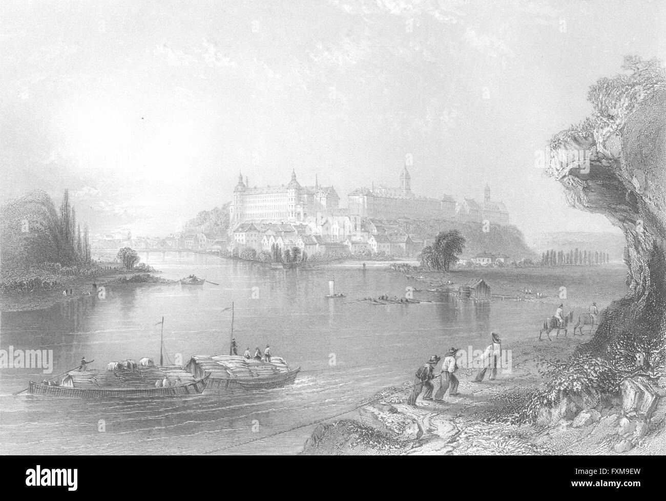 GERMANY: Neuburg(Ducal Palace): boat flag river, antique print 1840 ...