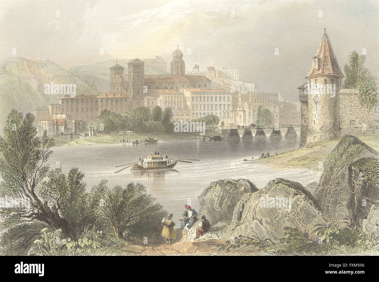 PASSAU: river bridge building Mtns tree , antique print 1842 Stock ...
