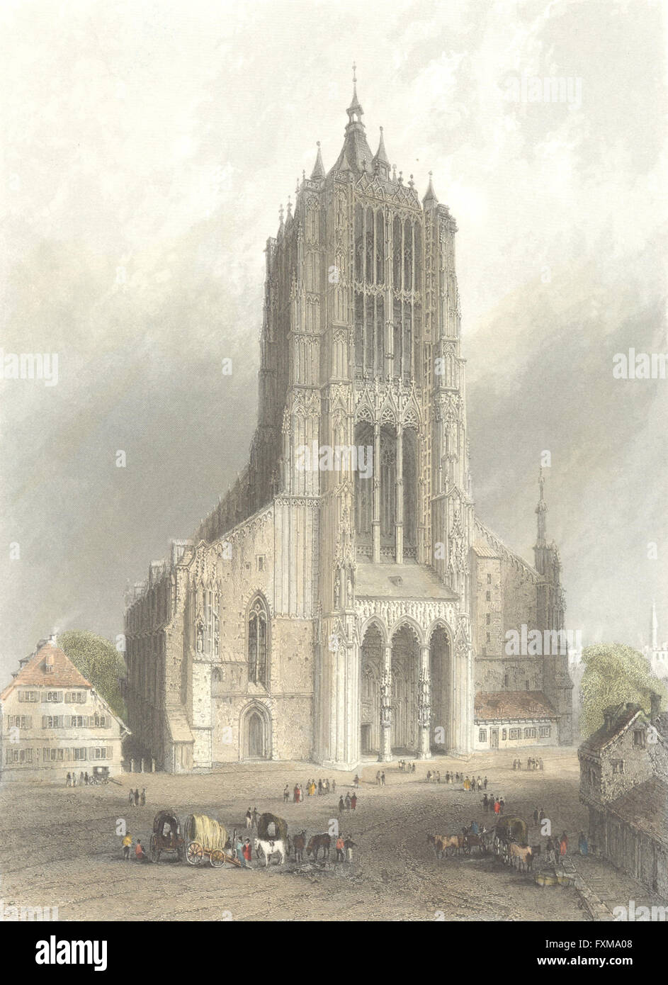 GERMANY: Ulm cathedral: horse cart building tree, antique print 1842 ...