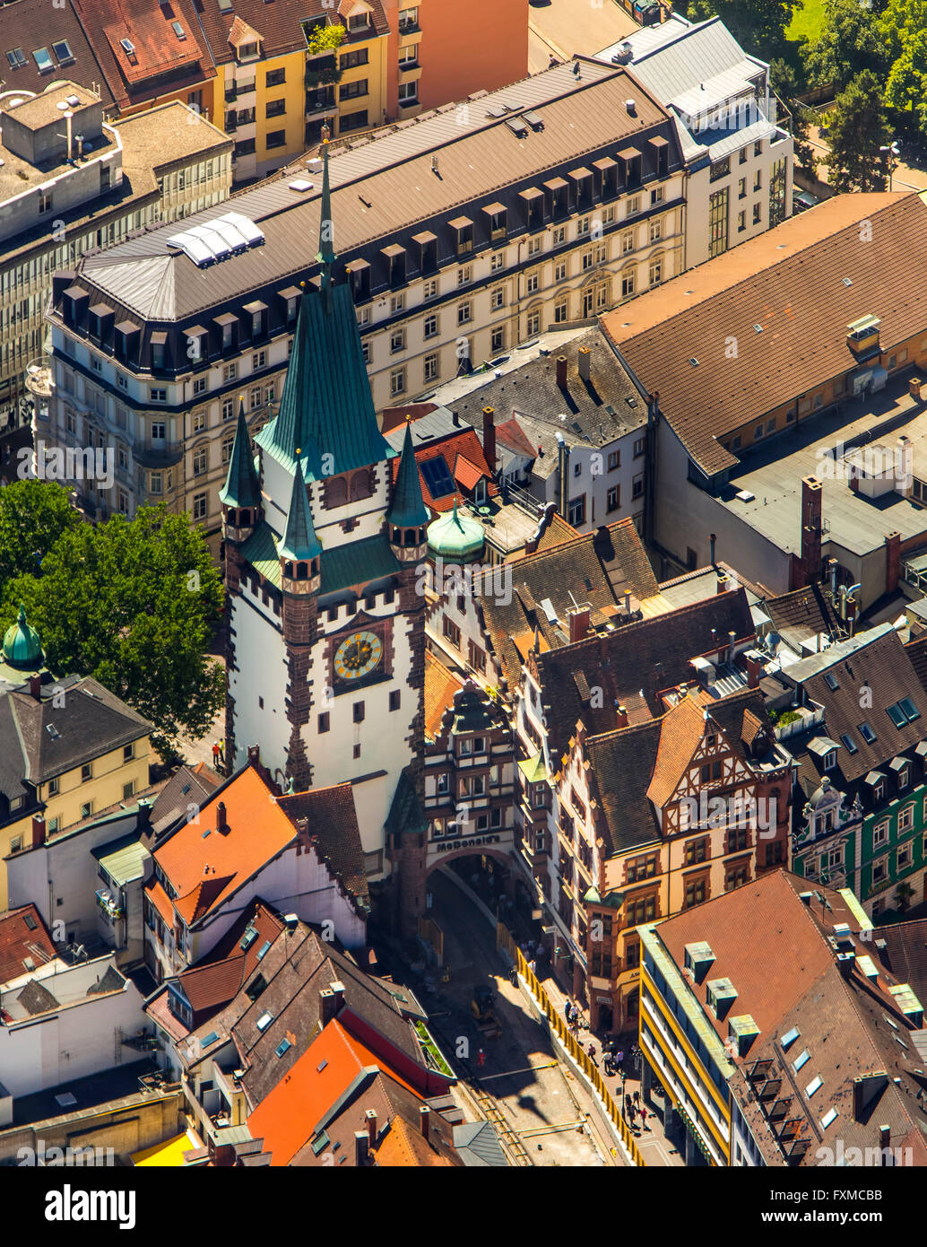 Aerial view, old town of Freiburg with Schwabentor, Freiburg, Breisgau ...