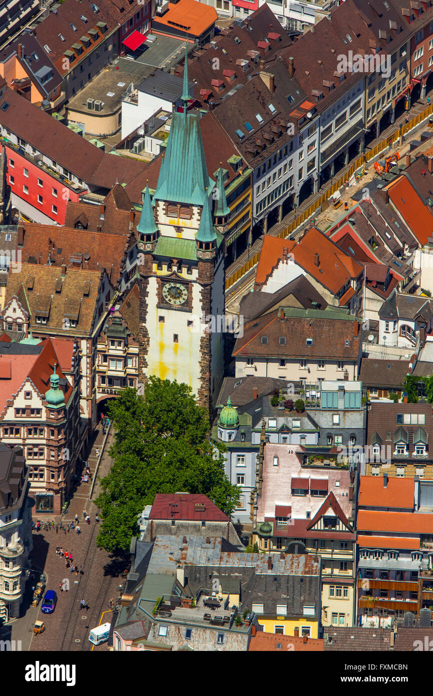 Aerial view, old town of Freiburg with Schwabentor, Freiburg, Breisgau ...