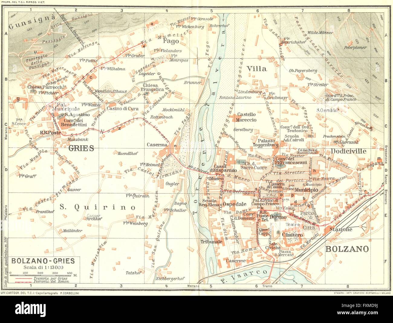 BOLZANO-GRIES. Vintage town city map plan. Italy, 1927 Stock Photo - Alamy