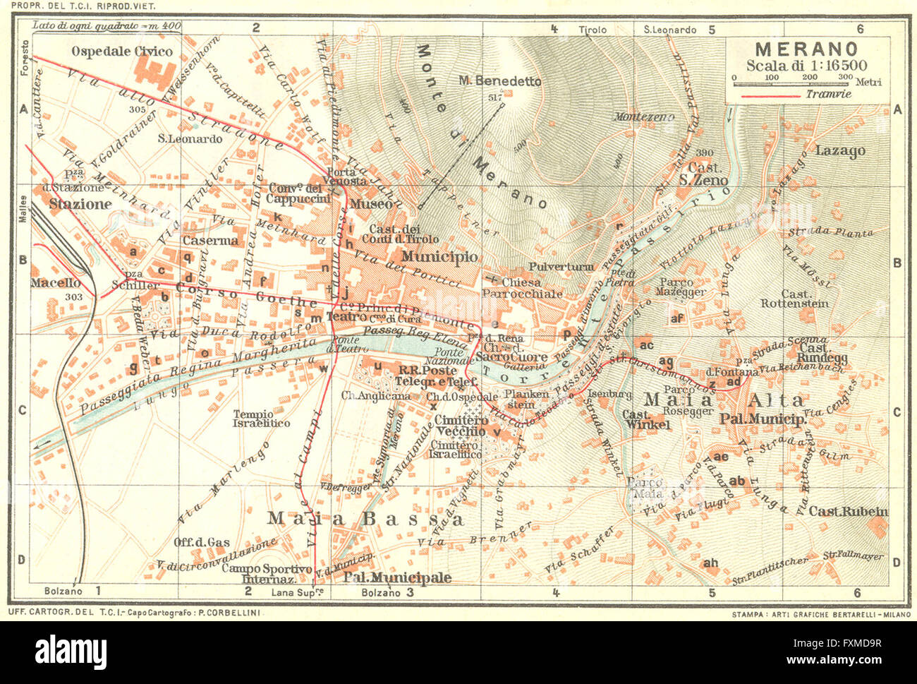 MERANO. Vintage town city map plan. Italy, 1927 Stock Photo - Alamy