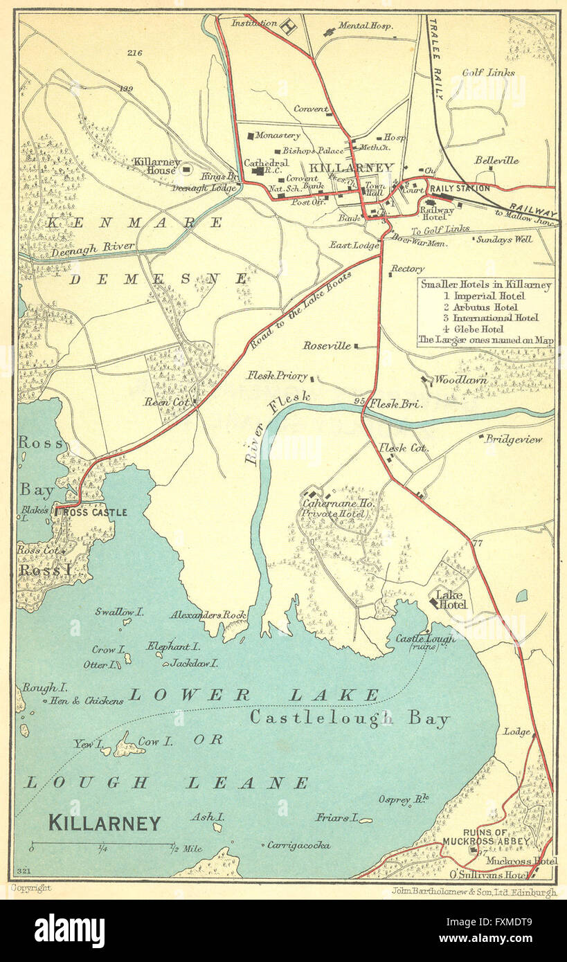 IRELAND: Killarney, 1932 vintage map Stock Photo - Alamy