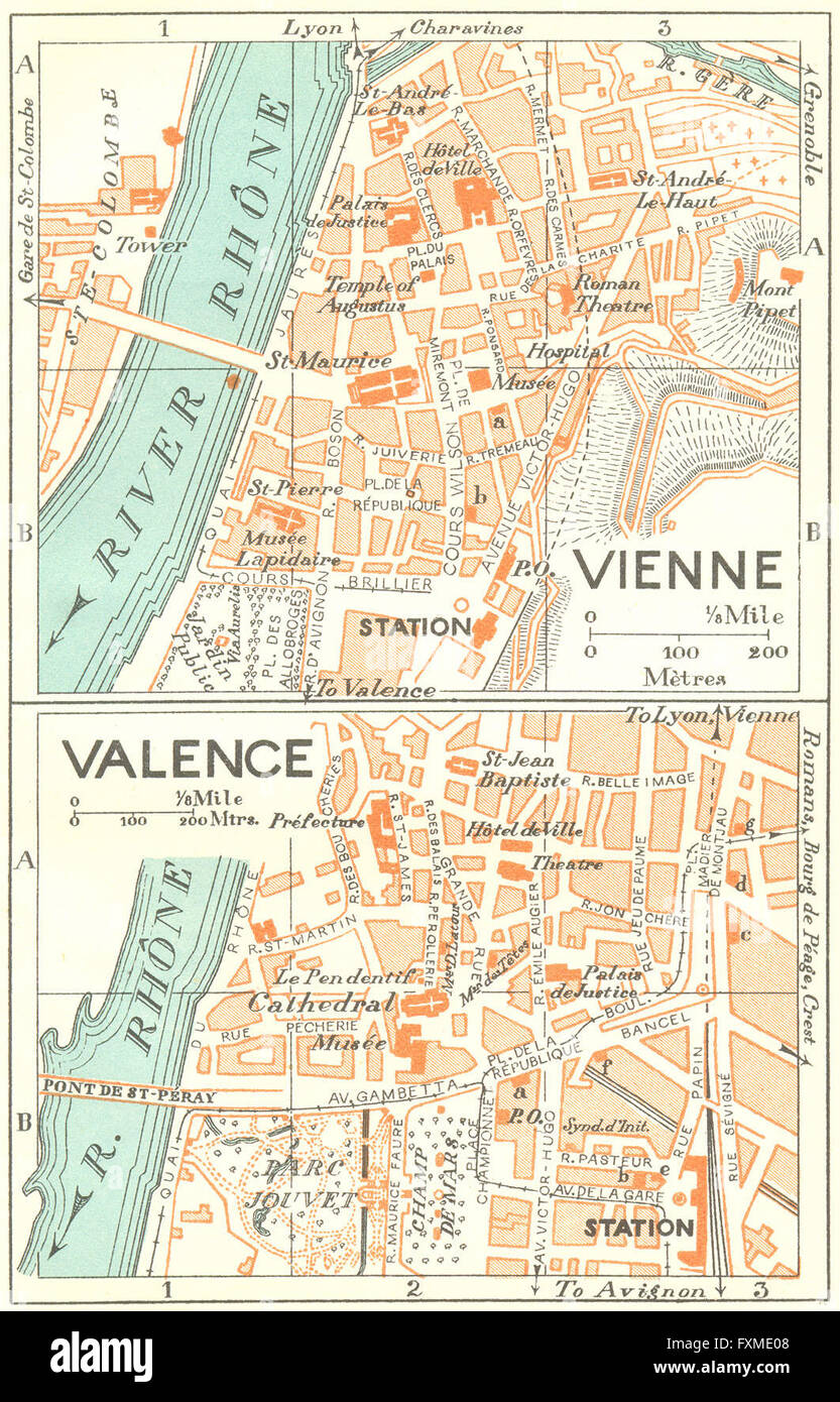 FRANCE: Vienne; Valence, 1926 vintage map Stock Photo - Alamy