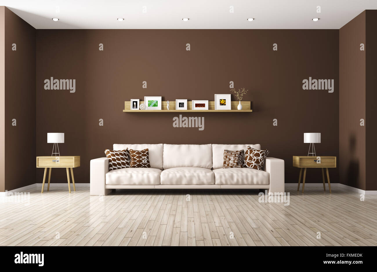 Modern interior of living room with beige sofa, shelf, side tables 3d ...
