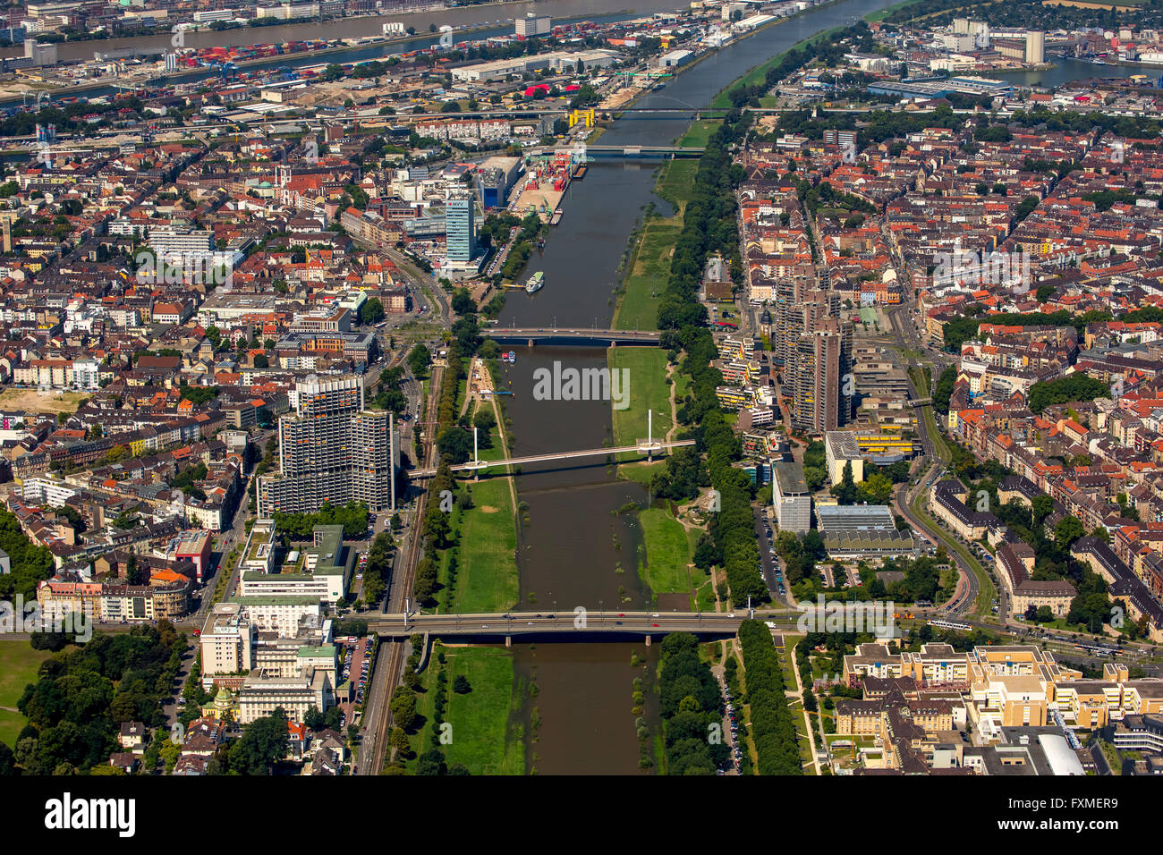Aerial view, overlooking the River Neckar in Mannheim, Mannheim, Baden ...