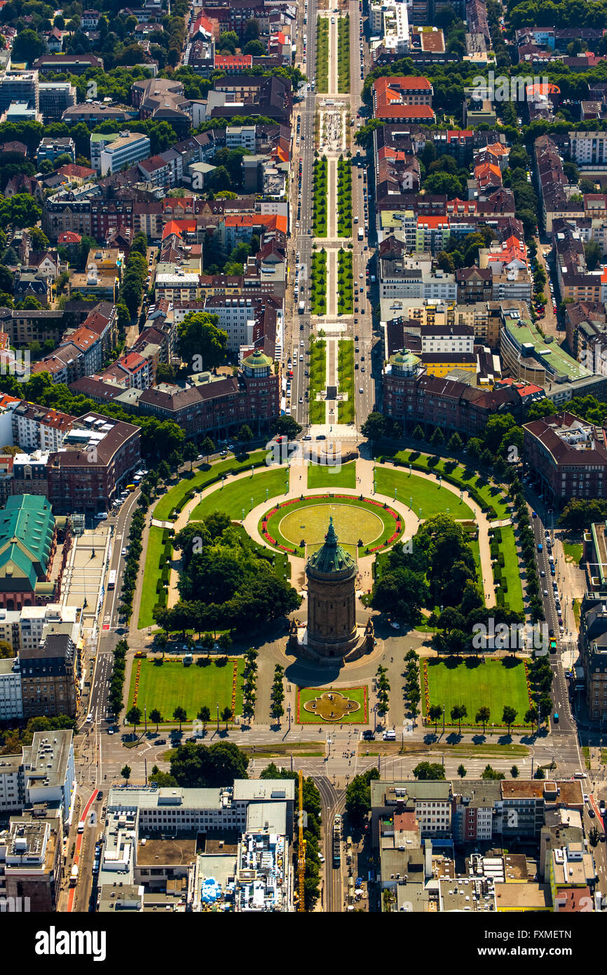 Aerial, Water Tower with park on the Friedrichsplatz, Mannheim, Baden ...