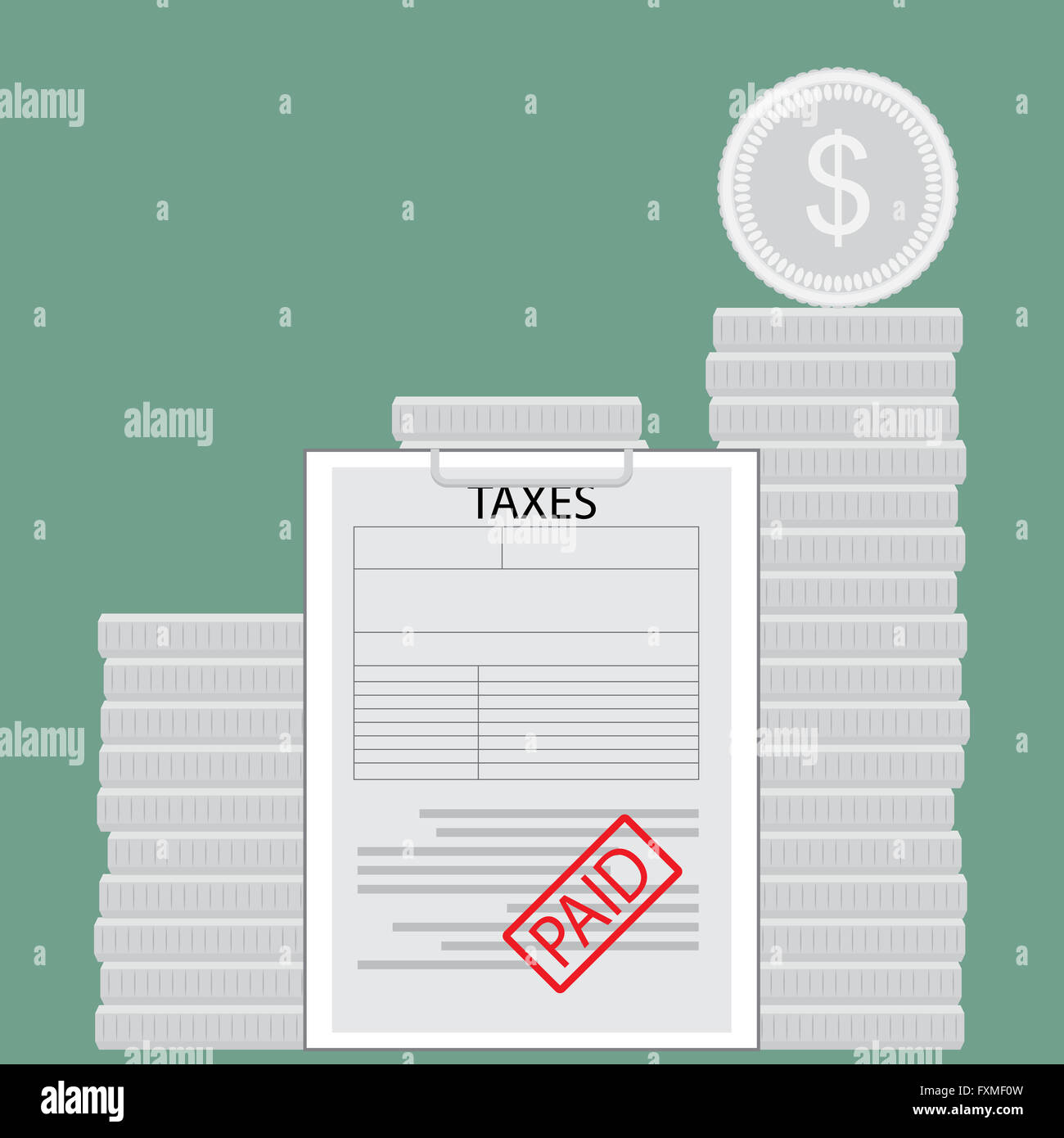 Taxes paid money saved. Payment and growth finance, pile coin silver ...