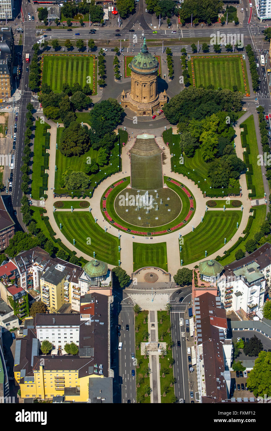 Aerial, Water Tower with park on the Friedrichsplatz, Mannheim, Baden ...