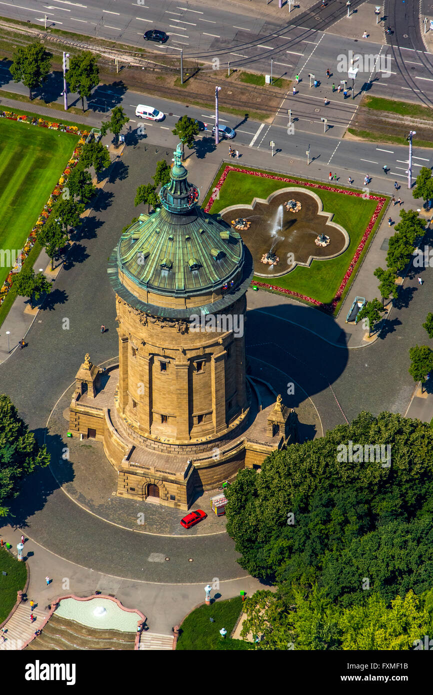 Aerial, Water Tower with park on the Friedrichsplatz, Mannheim, Baden ...