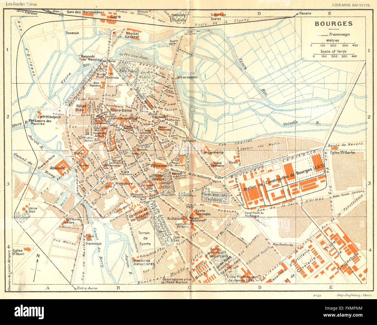 FRANCE: Bourges, 1932 vintage map Stock Photo - Alamy