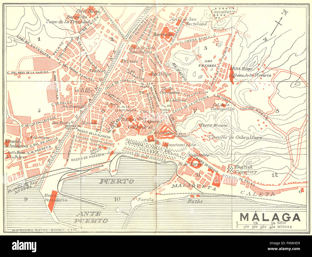 SPAIN: Malaga, 1929 vintage map Stock Photo - Alamy