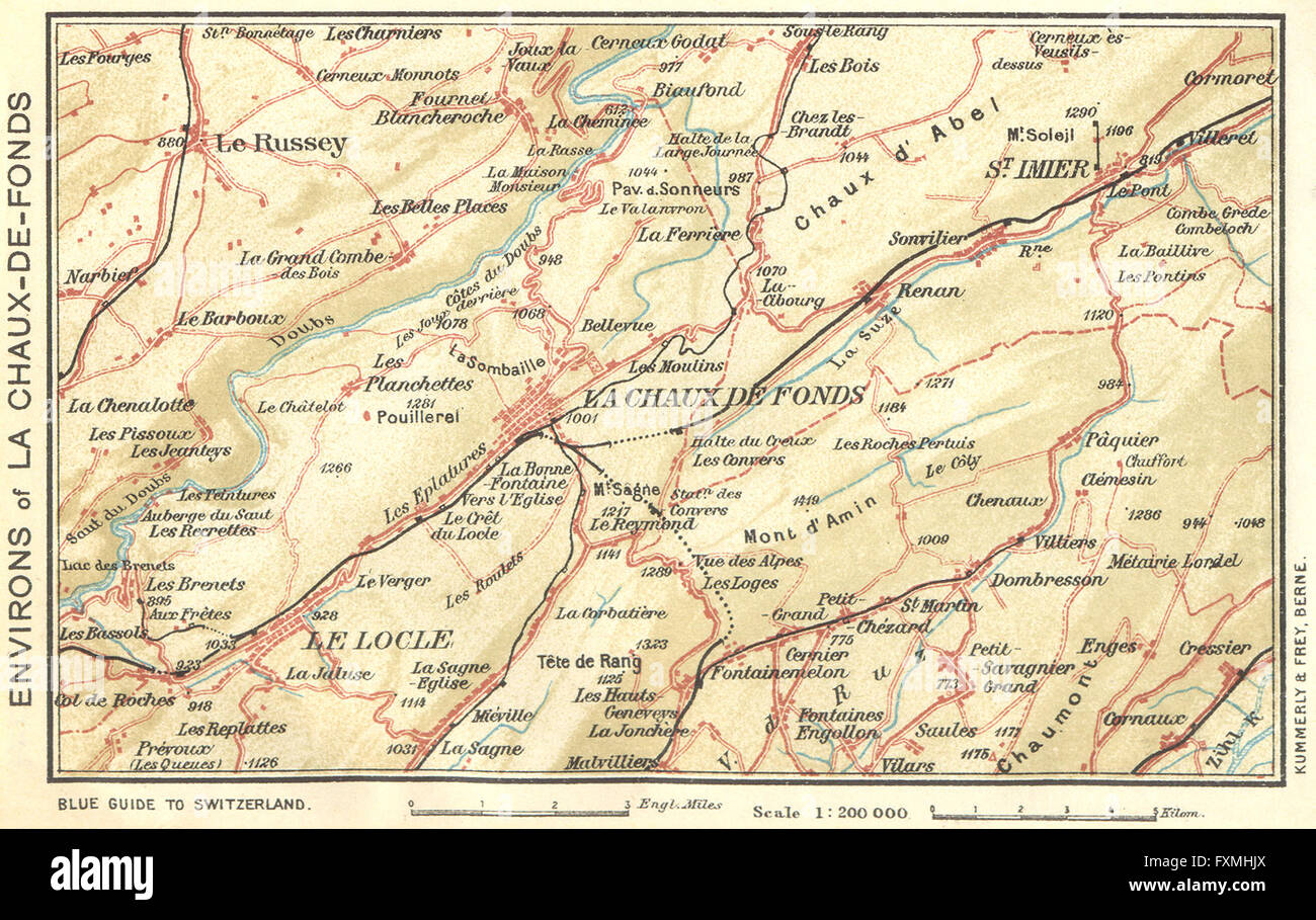 SWITZERLAND: Area of Chaux-de-Fonds, 1923 vintage map Stock Photo - Alamy