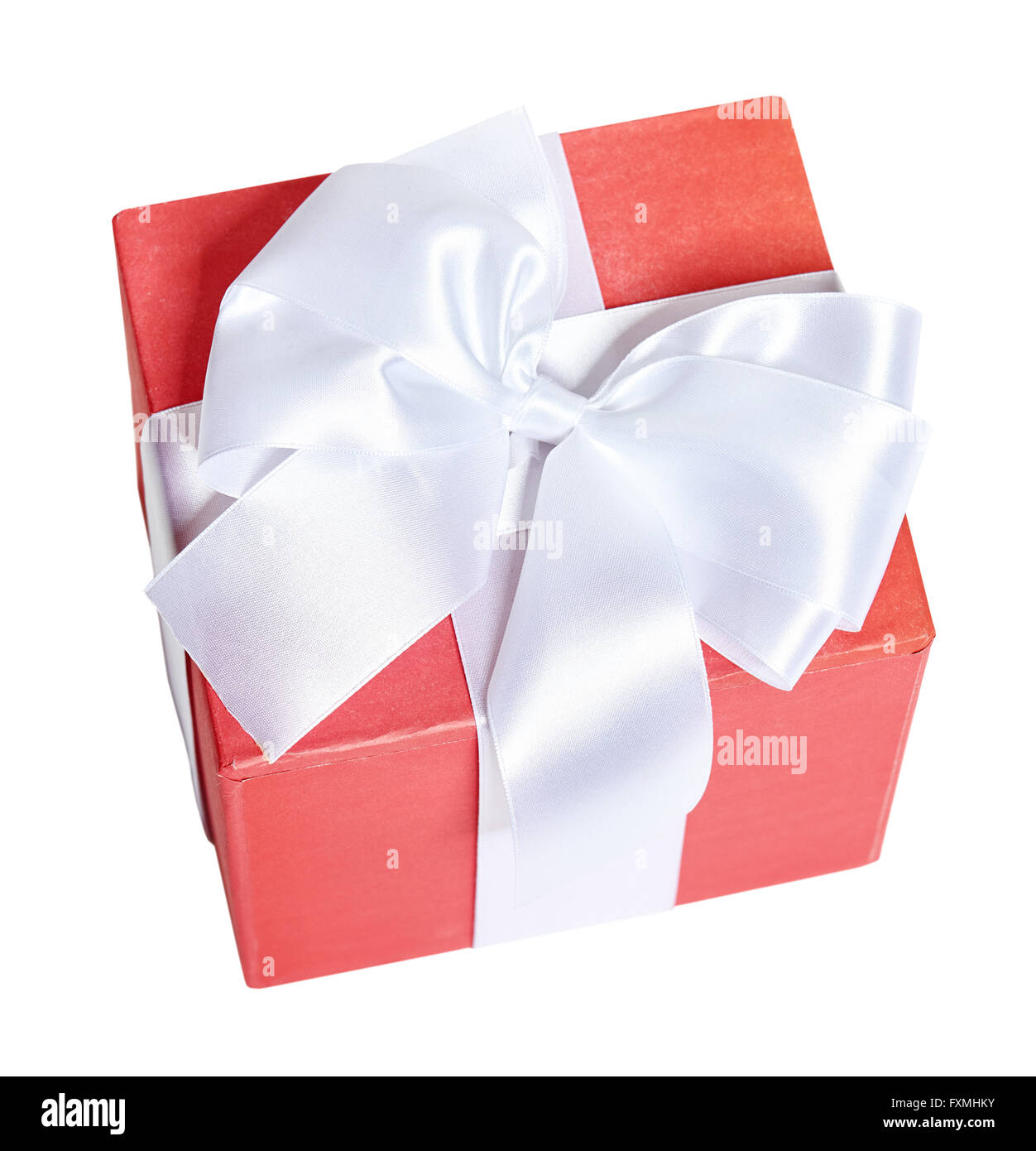 gift box decorated silk red ribbon and bow, object on white studio ...