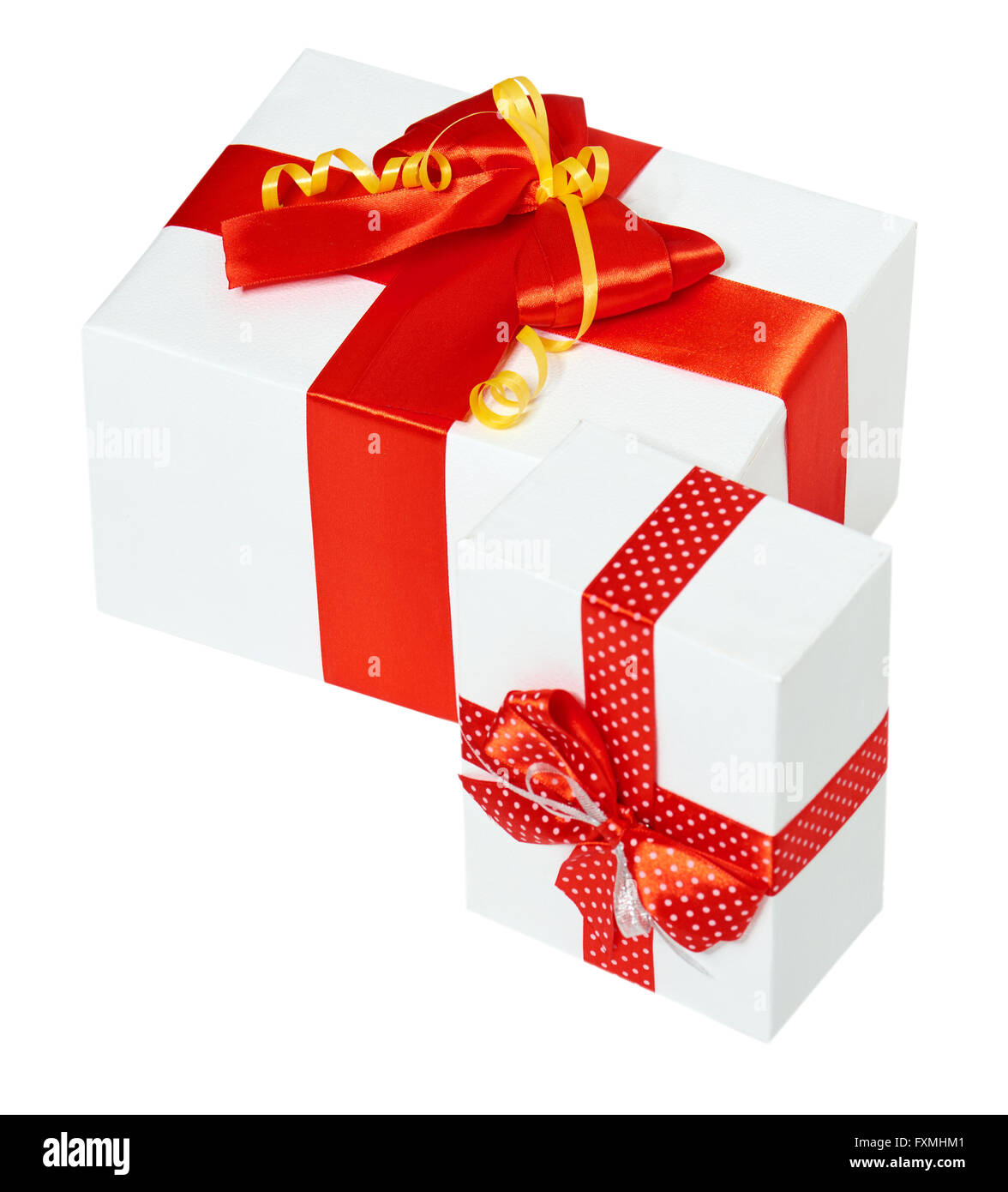 two gift box decorated silk red ribbon and bow, object on white studio ...