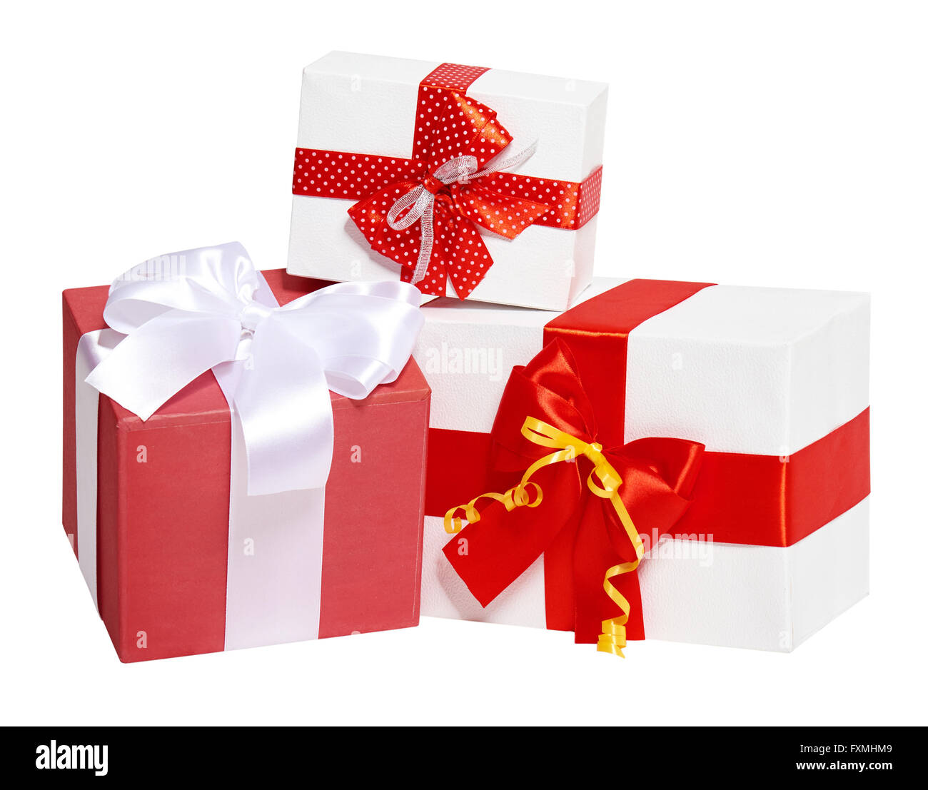 three gift box decorated silk red ribbon and bow, object on white ...