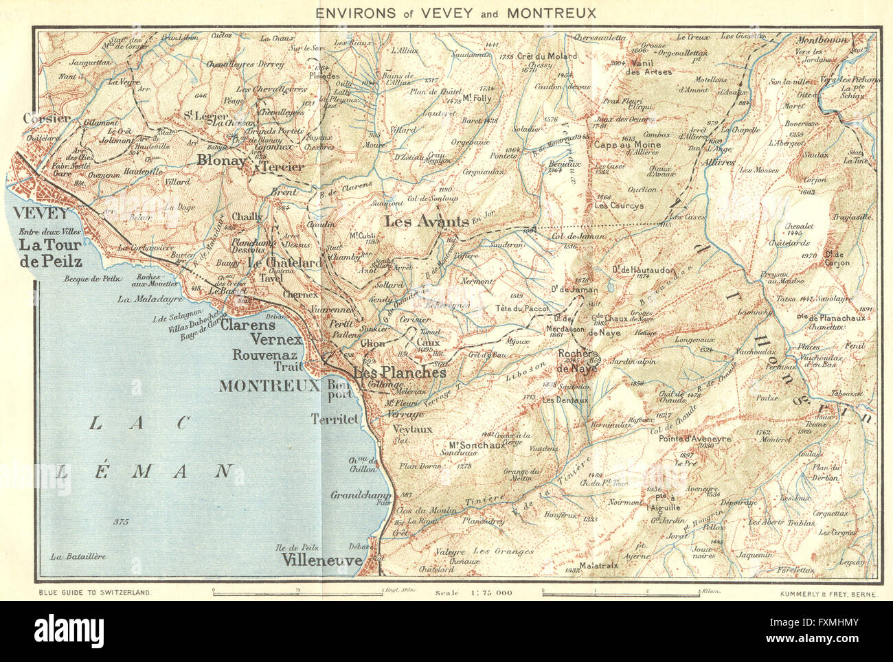 SWITZERLAND: Area of Vevey & Montreux, 1923 vintage map Stock Photo - Alamy
