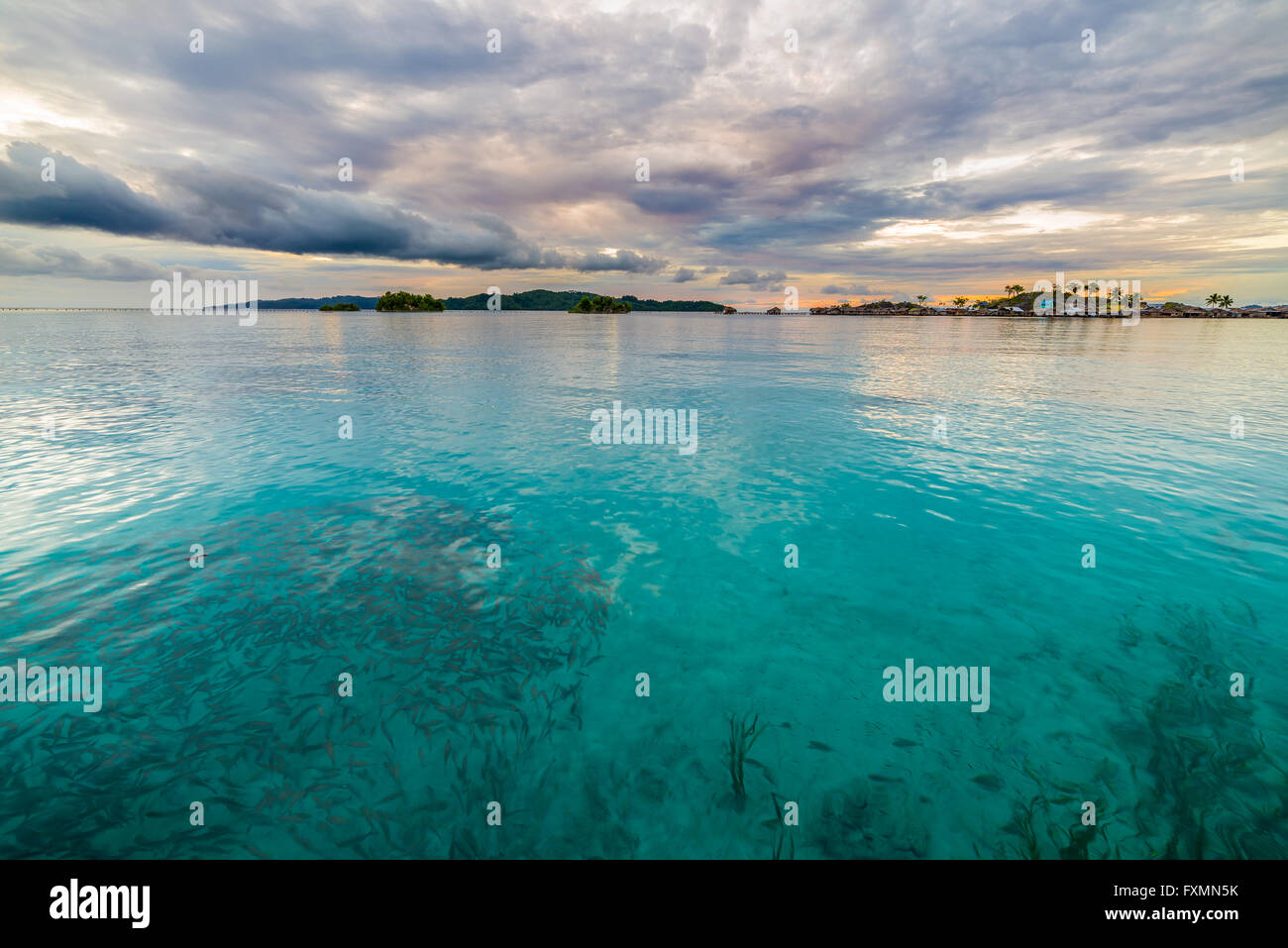 Transparent sea, dramatic sky, idyllic beach and green forest at sunset ...