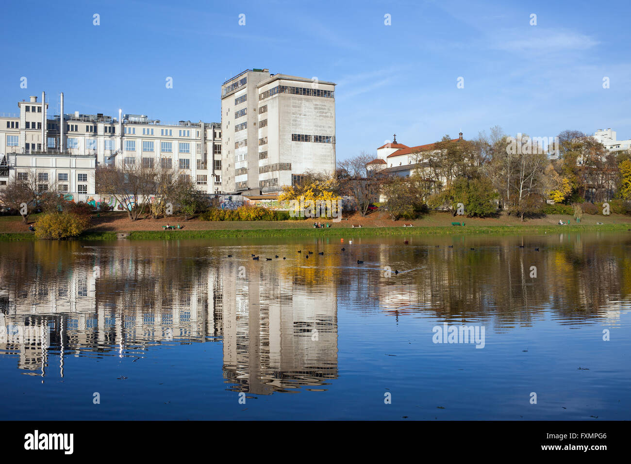 Wedel Factory in Warsaw, Poland, reflection on water on Kamionkowskie ...