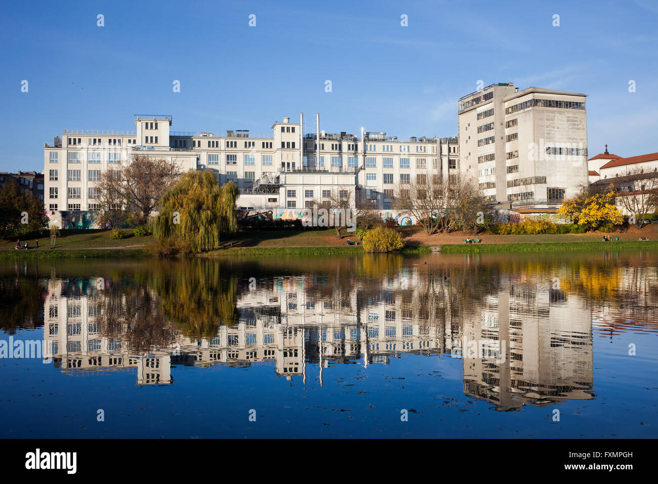 Wedel Factory in Warsaw, Poland, reflection on water on Kamionkowskie ...