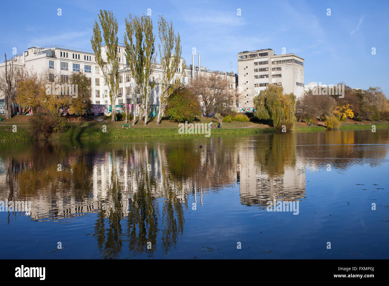Wedel Factory in Warsaw, Poland, reflection on water on Kamionkowskie ...