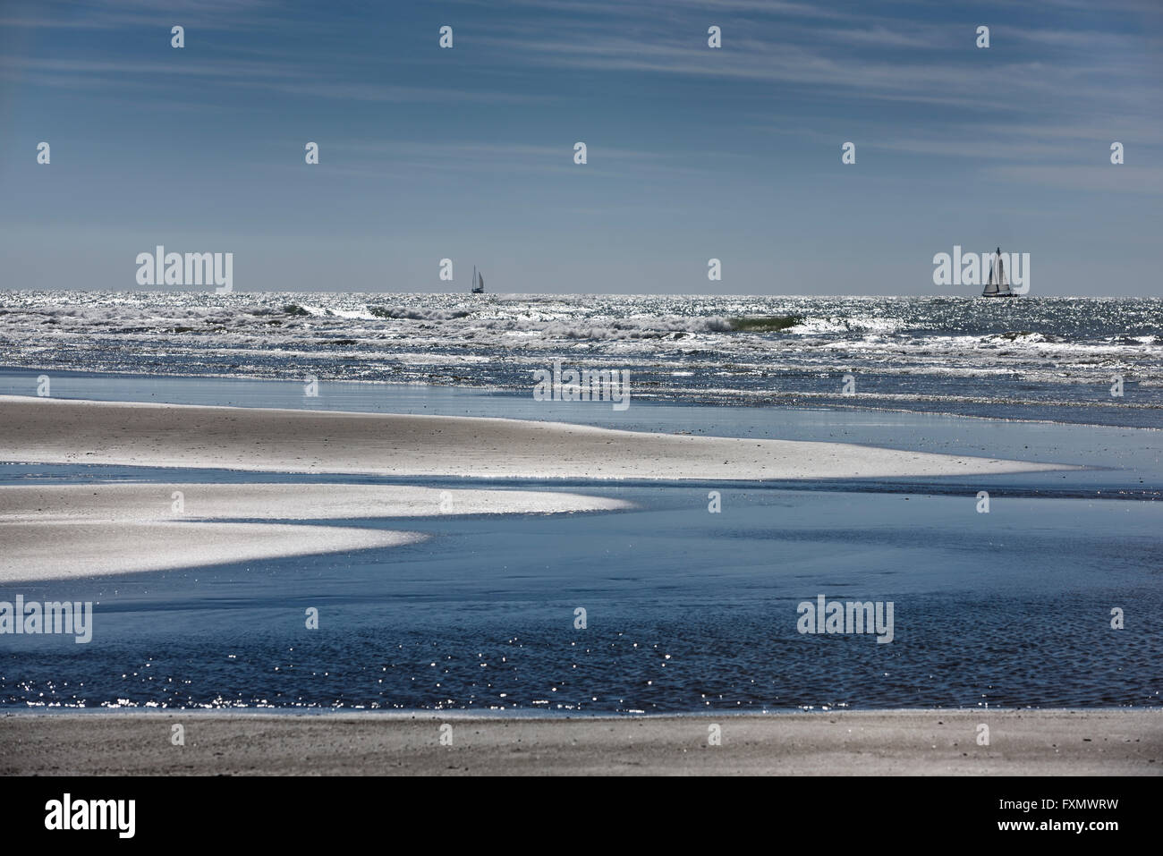 Sand spits on beach of Nuevo Vallarta looking at Pacific Ocean with ...