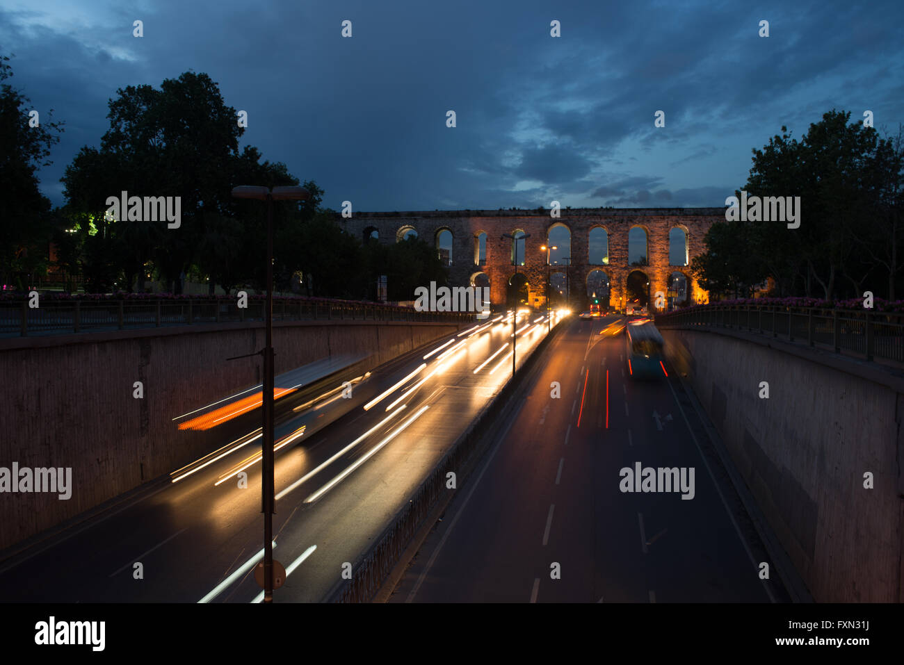 Traffic light line in Istanbul Roman Bridge at Evening, Istanbul ...