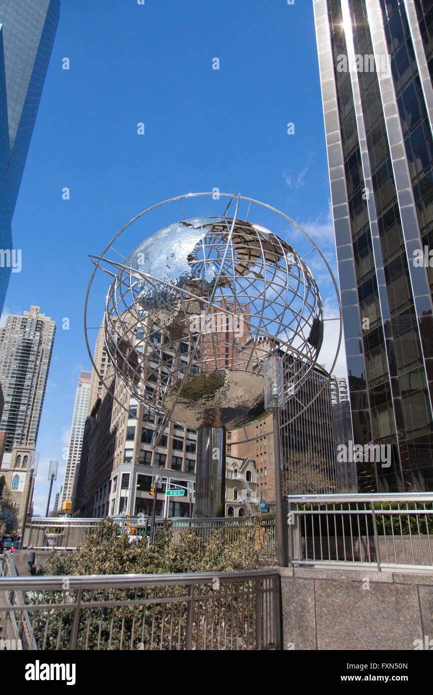 Stainless steel globe at Columbus Circle outside Trump International ...
