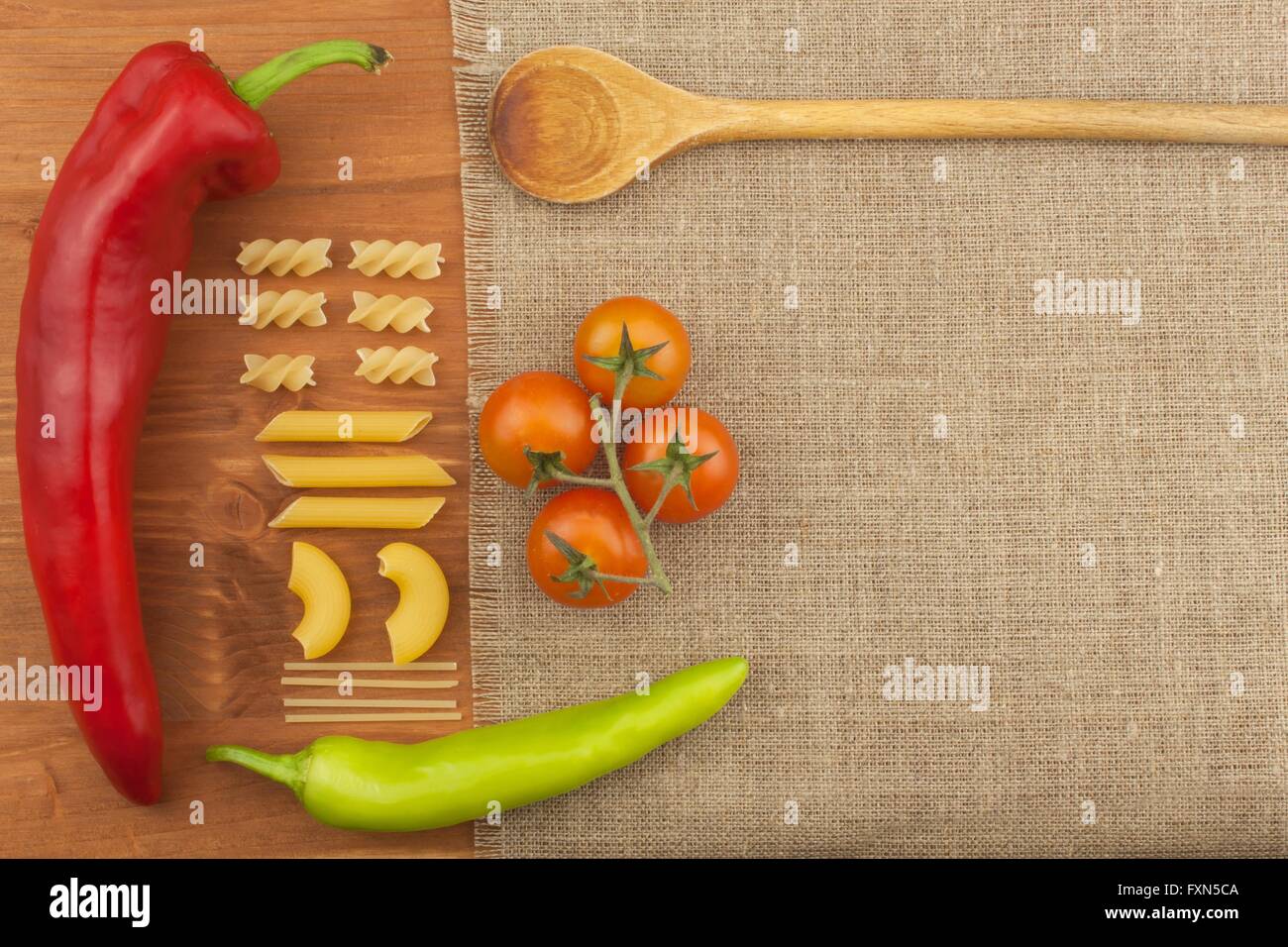 Decoration of pasta. Preparing homemade food. Different kinds of pasta ...