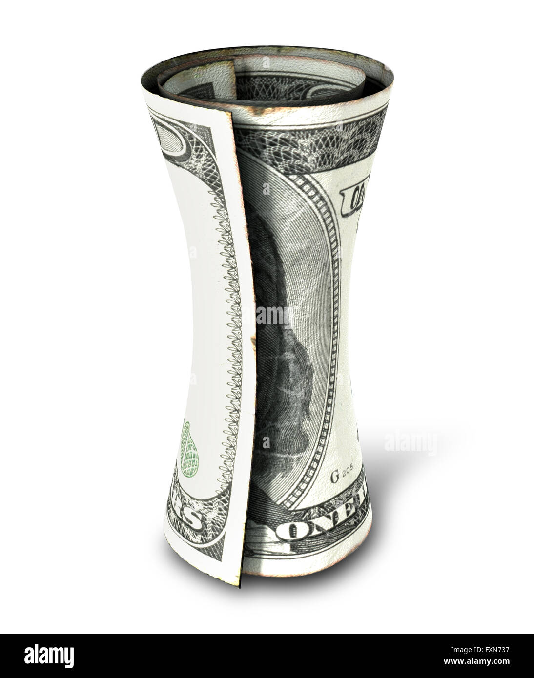 A regular rolled US dollar bank note on an isolated white studio ...