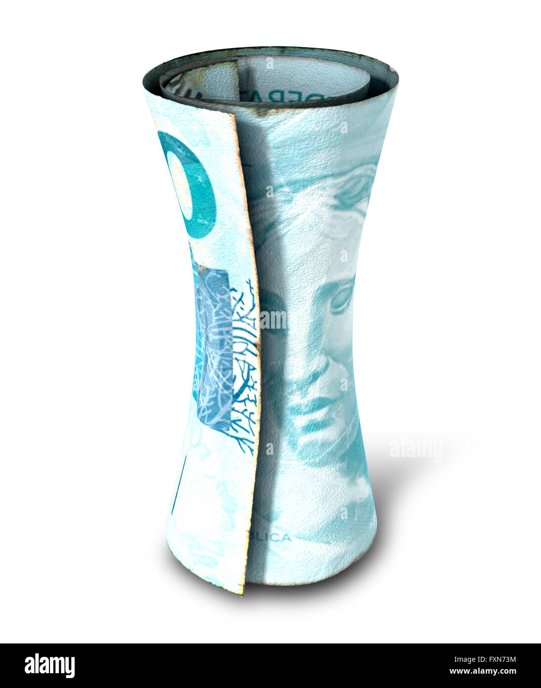 A regular rolled brazilian real bank note on an isolated white studio ...