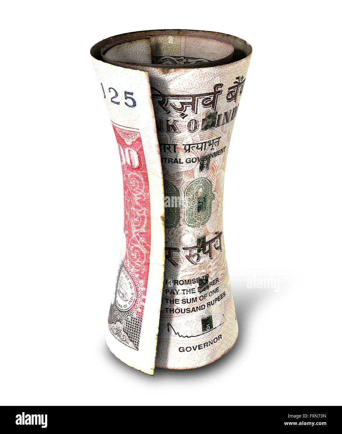 A regular rolled indian rupee bank note on an isolated white studio ...