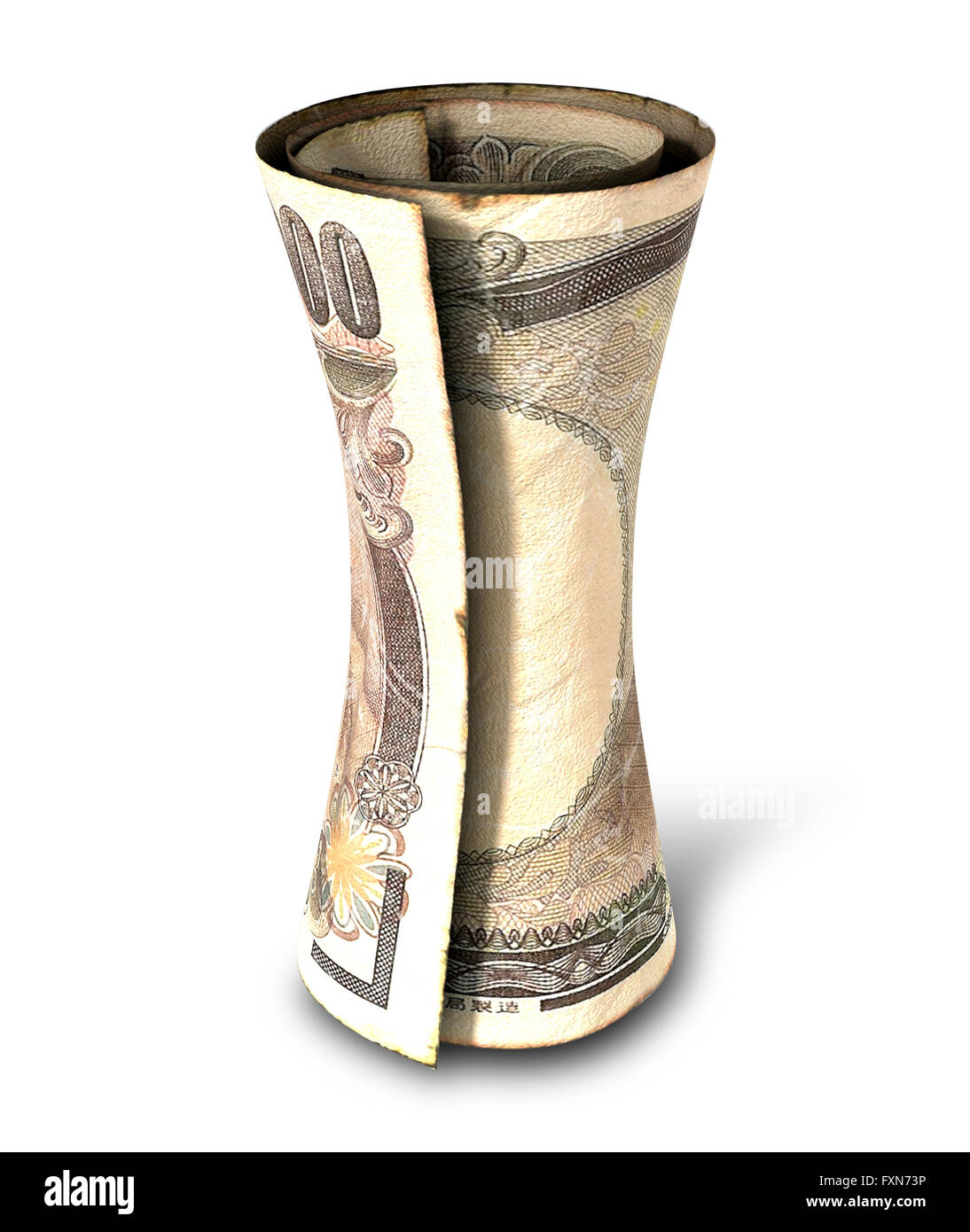 A regular rolled japanese yen bank note on an isolated white studio ...