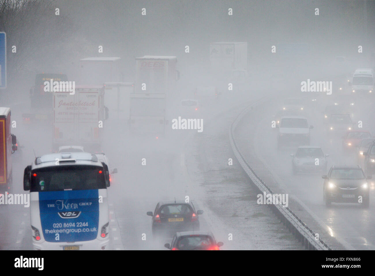 Treacherous driving conditions on the M11 motorway in Harlow,Essex ...