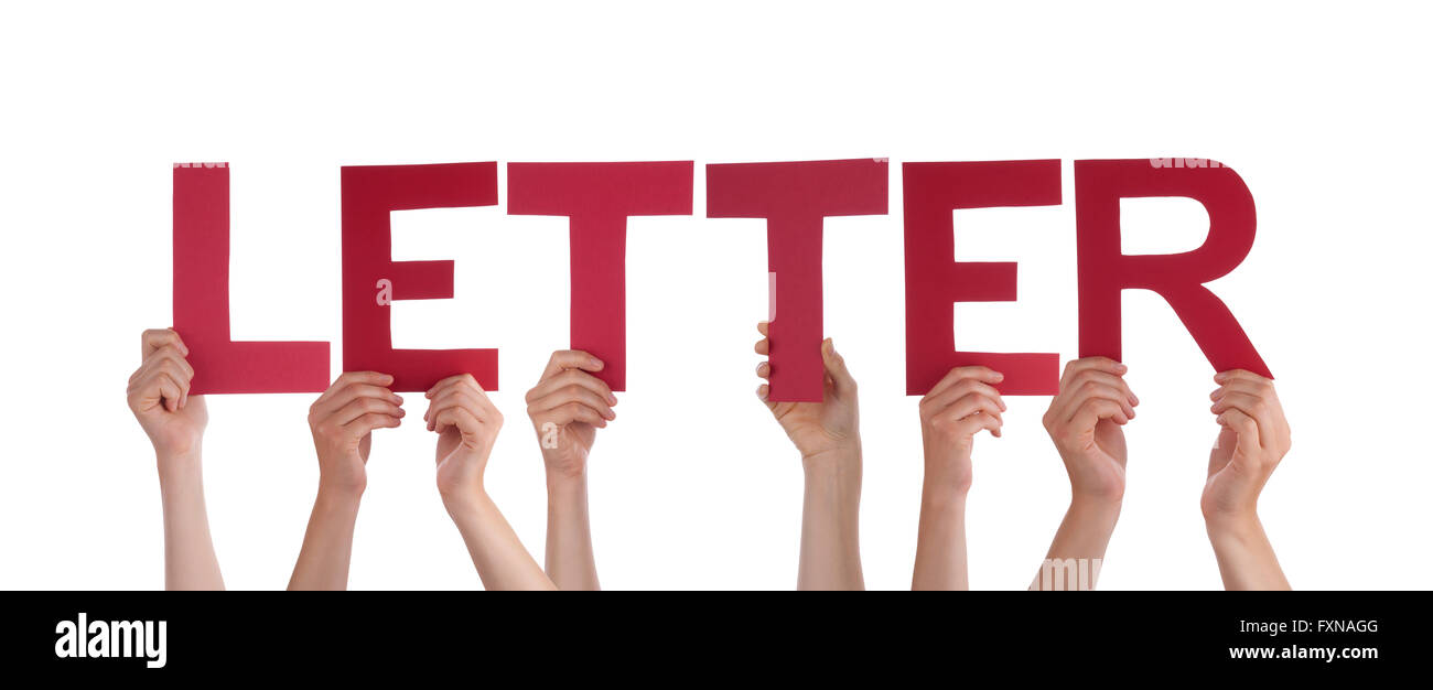 Many People Hands Holding Red Straight Word Letter Stock Photo - Alamy