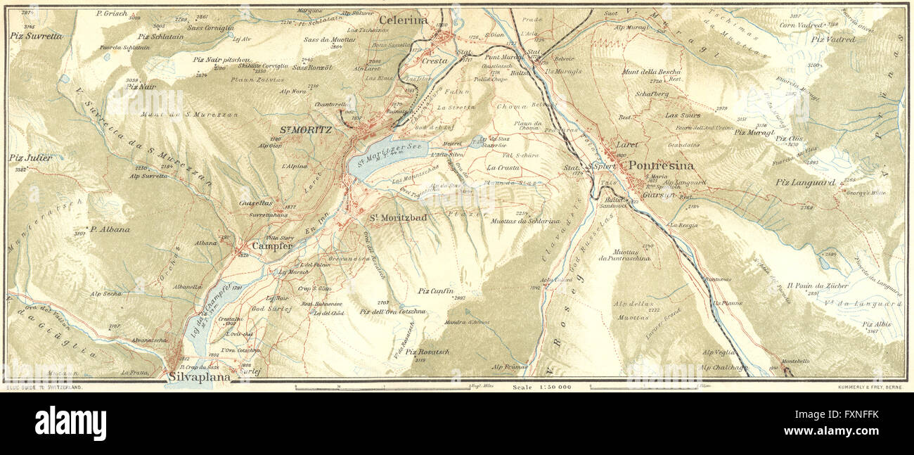 SWITZERLAND: Area of St Moritz & Pontresina, 1923 vintage map Stock ...