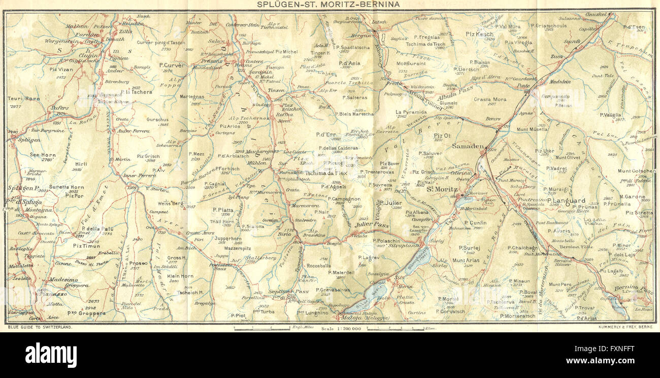 SWITZERLAND: Splugen-St Moritz-Bernina, 1923 vintage map Stock Photo ...
